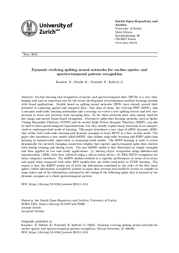 Pdf Dynamic Evolving Spiking Neural Networks For On Line Spatio And Spectro Temporal Pattern