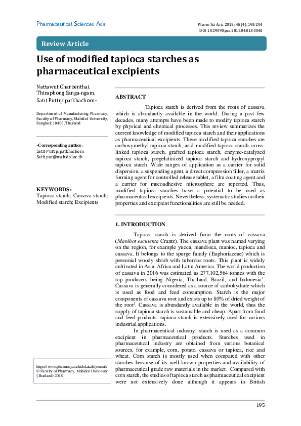 (PDF) Use of modified tapioca starches as pharmaceutical excipients