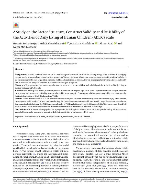 (PDF) A Study on the Factor Structure, Construct Validity and Reliability of the Activities of ...