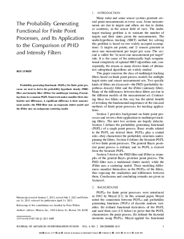(PDF) The Probability Generating Functional for Finite Point Processes, and Its Application to ...