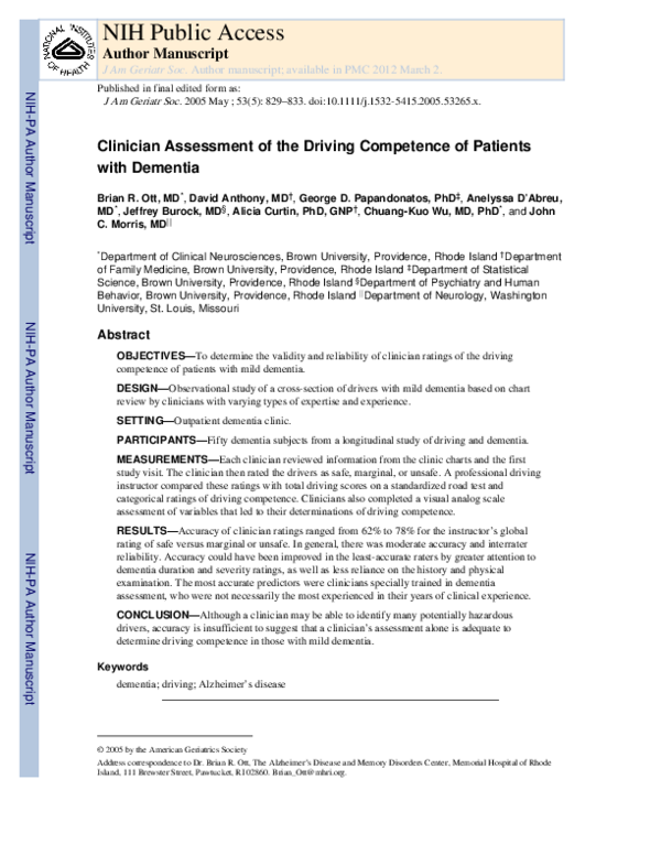 (PDF) Clinician assessment of the driving competence of patients with ...