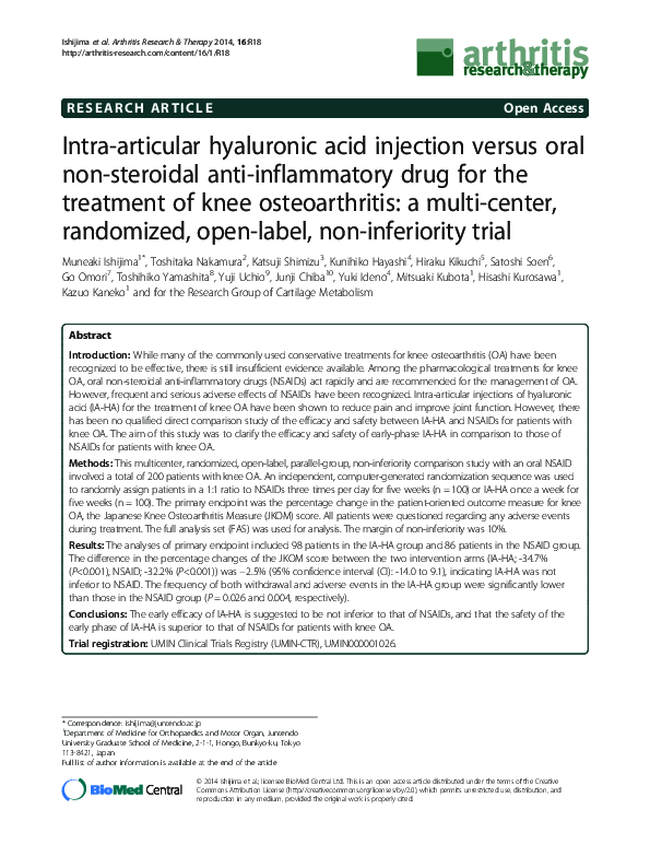 (PDF) Intra-articular hyaluronic acid injection versus oral non-steroidal anti-inflammatory drug ...