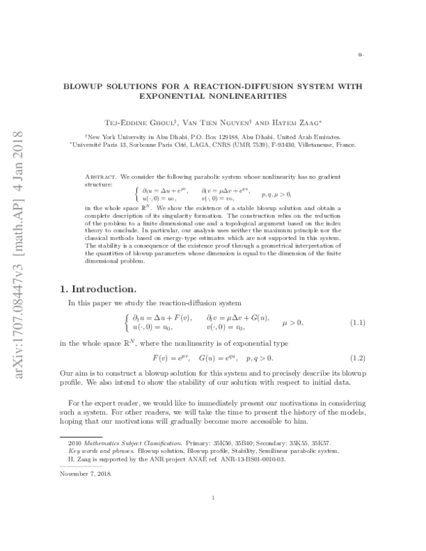 (PDF) Blowup solutions for a reaction–diffusion system with exponential nonlinearities