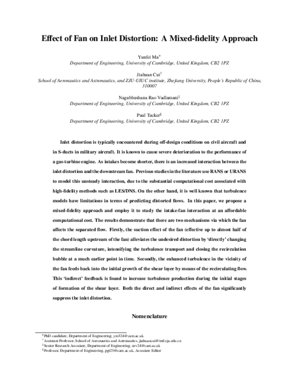 (PDF) Effect of Fan on Inlet Distortion: Mixed-Fidelity Approach