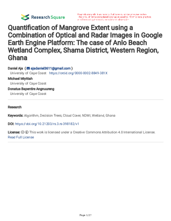 Pdf Quantification Of Mangrove Extent Using A Combination Of Optical And Radar Images In