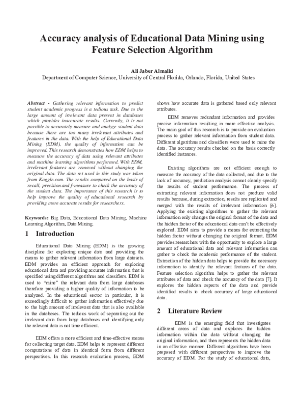 Pdf Accuracy Analysis Of Educational Data Mining Using Feature Selection Algorithm 4364