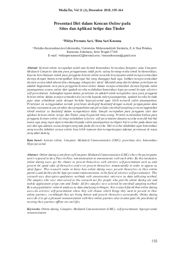 (PDF) Presentasi Diri dalam Kencan Online pada Situs dan Aplikasi Setipe dan Tinder