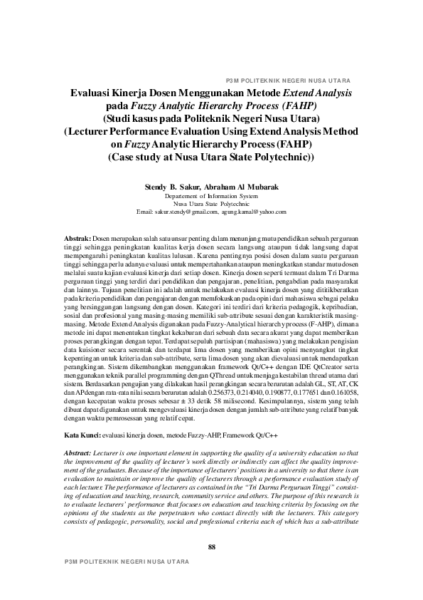 Pdf Evaluasi Kinerja Dosen Menggunakan Metode Extend Analysis Pada Fuzzy Analytic Hierarchy