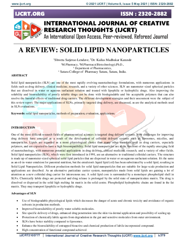(PDF) A Review: Solid Lipid Nanoparticles