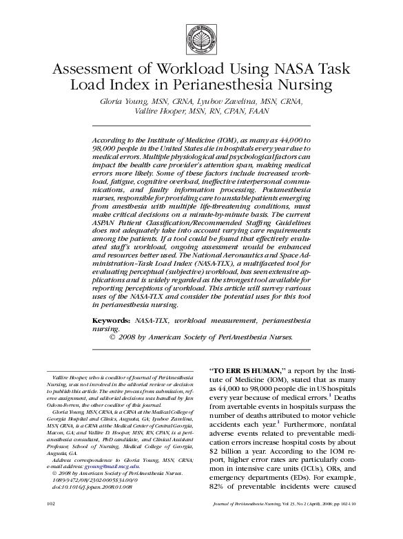 (PDF) Assessment of Workload Using NASA Task Load Index in Perianesthesia Nursing