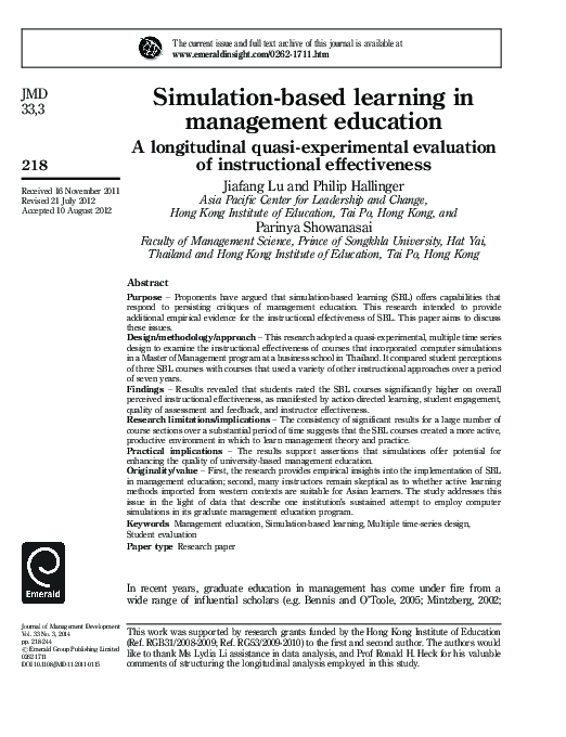 (PDF) Simulation-based learning in management education: A longitudinal quasi-experimental ...