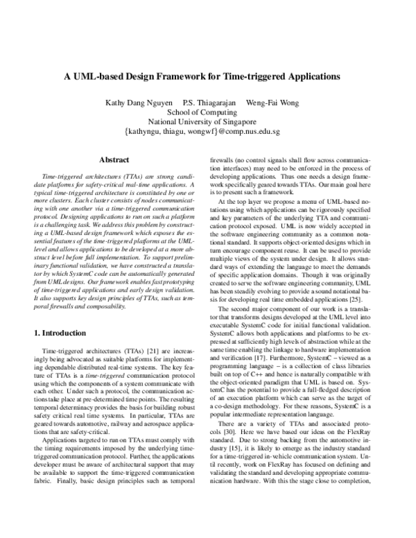 Pdf A Uml Based Design Framework For Time Triggered Applications