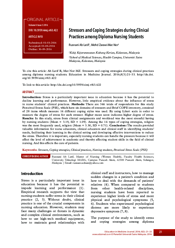(PDF) Stressors and Coping Strategies during Clinical Practices among Diploma Nursing Students