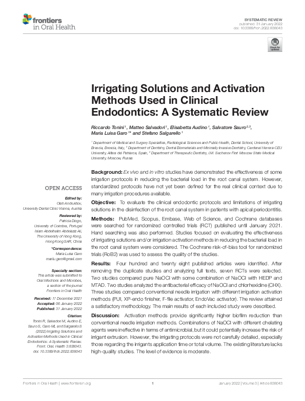 (PDF) Irrigating Solutions and Activation Methods Used in Clinical Endodontics: A Systematic Review