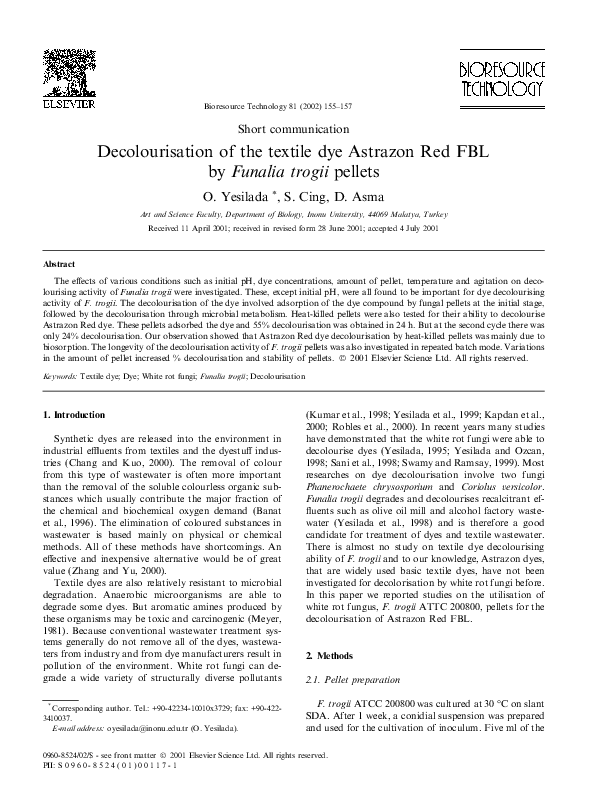 (PDF) Decolourisation of the textile dye Astrazon Red FBL by Funalia ...