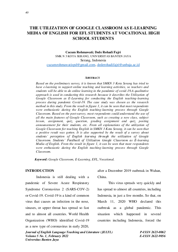 (PDF) The Utilization of Google Classroom as E-Learning Media of English for Efl Students at ...