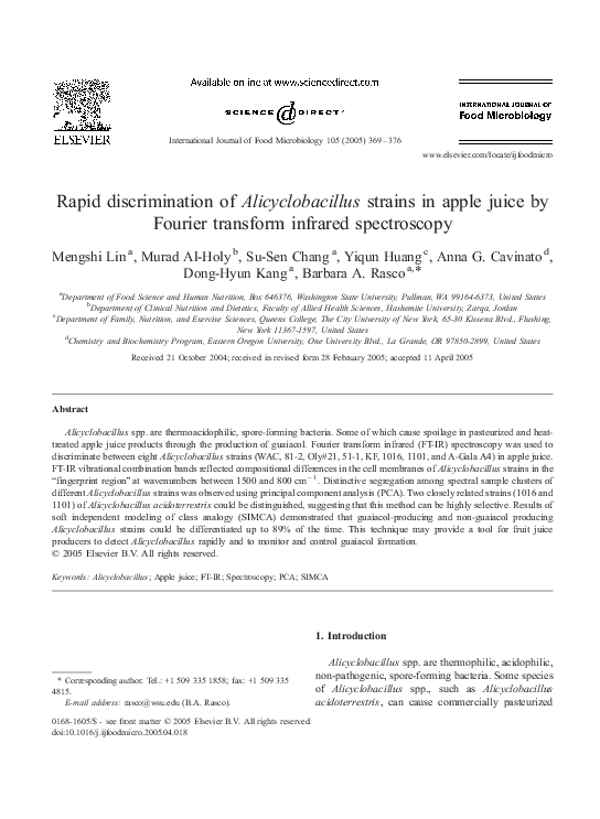 Pdf Rapid Discrimination Of Alicyclobacillus Strains In Apple Juice By Fourier Transform