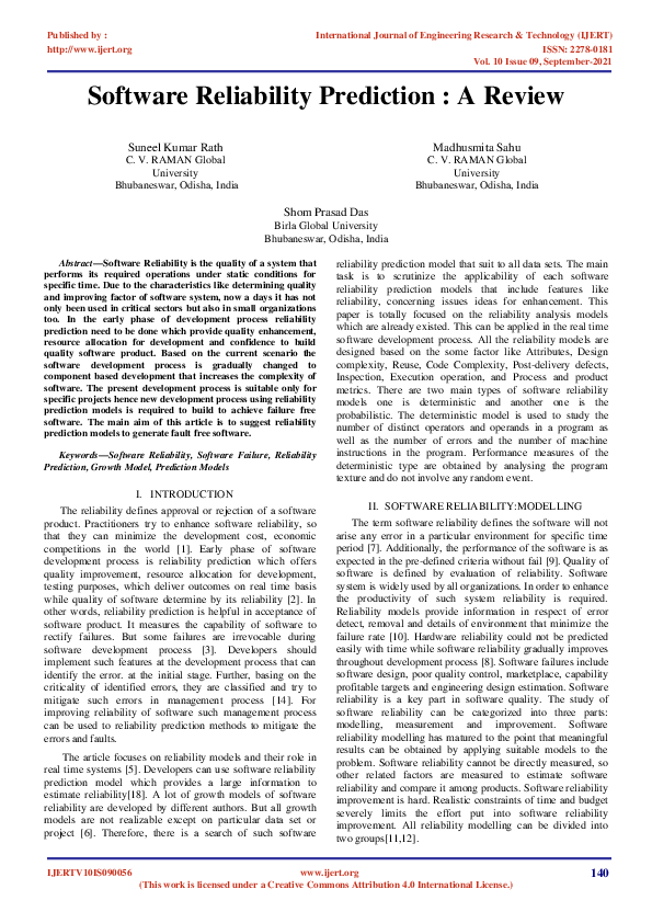 (PDF) Software Reliability Prediction : A Review