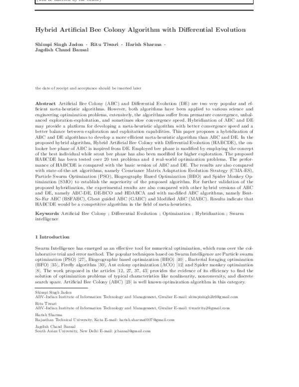 (PDF) Hybrid Artificial Bee Colony Algorithm with Differential Evolution