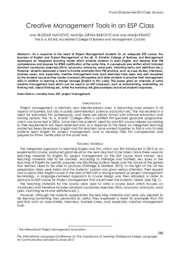 (PDF) Creative Management Tools in an ESP Class