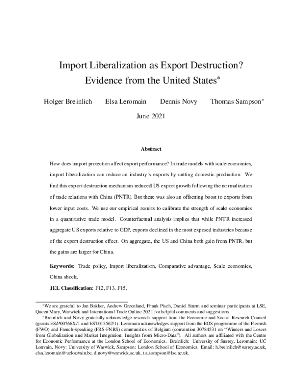 (PDF) Import Liberalization as Export Destruction? Evidence from the ...