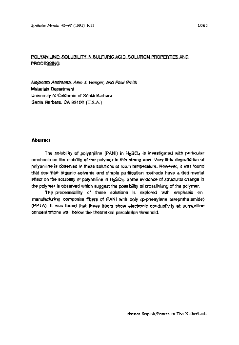 (PDF) Polyaniline: Solubility in sulfuric acid, solution properties and ...