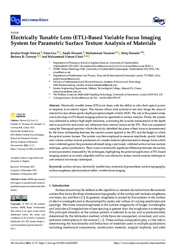 (PDF) Electrically Tunable Lens (ETL)-Based Variable Focus Imaging System for Parametric Surface ...