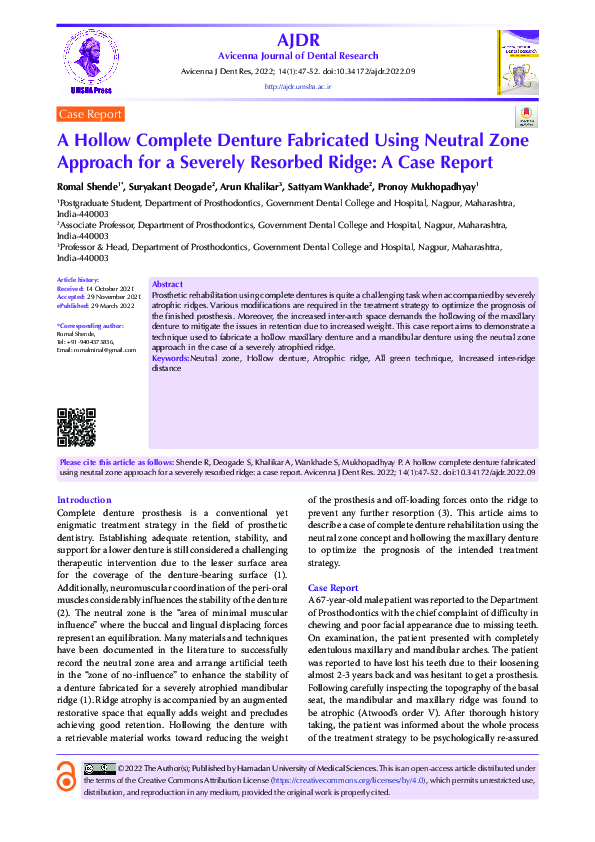 (PDF) A Hollow Complete Denture Fabricated Using Neutral Zone Approach ...