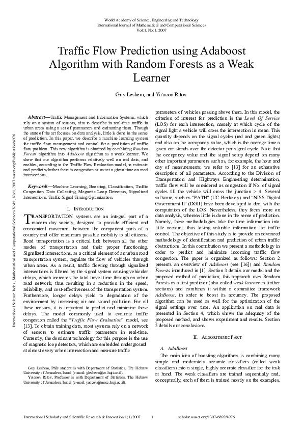 Pdf Traffic Flow Prediction Using Adaboost Algorithm With Random Forests As A Weak Learner