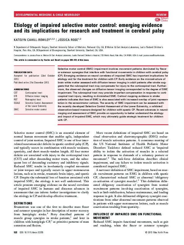 (PDF) Etiology of impaired selective motor control: emerging evidence ...