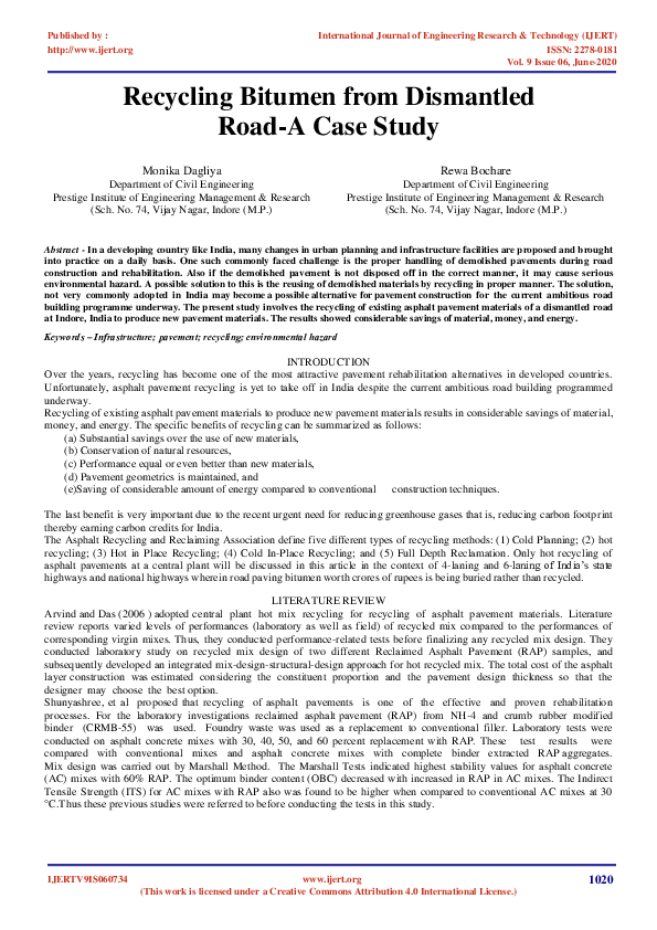 (PDF) Recycling Bitumen from Dismantled Road-A Case Study
