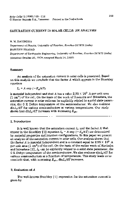(PDF) Saturation current in solar cells: an analysis