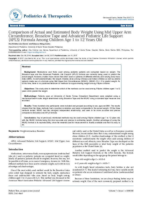 Pdf Comparison Of Actual And Estimated Body Weight Using Mid Upper Arm Circumference Broselow