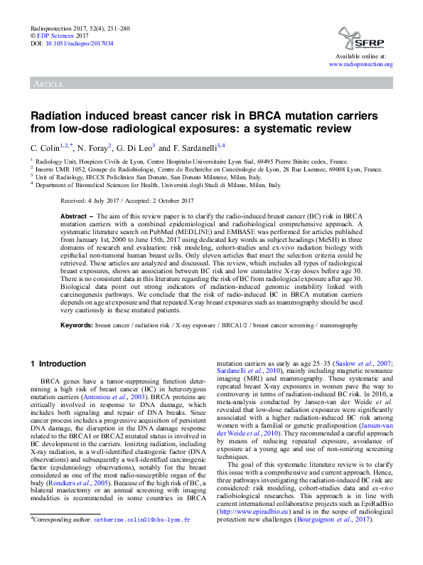 (PDF) Radiation induced breast cancer risk in BRCA mutation carriers from low-dose radiological ...