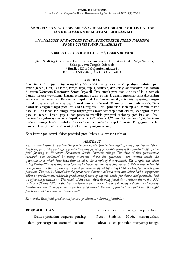 (PDF) Analisis Faktor-Faktor Yang Memengaruhi Produktivitas Dan Kelayakan Usahatani Padi Sawah