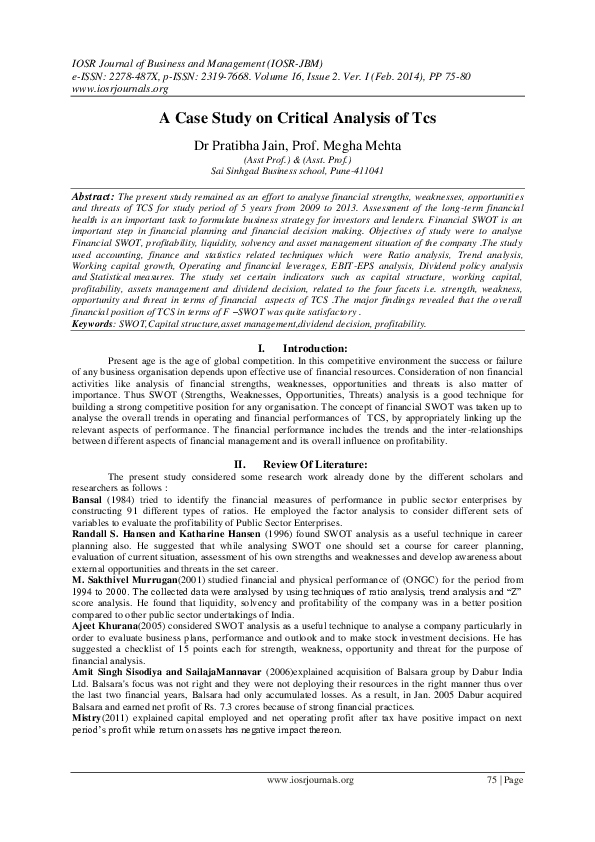 (PDF) A Case Study on Critical Analysis of Tcs | Megha Mehta - Academia.edu