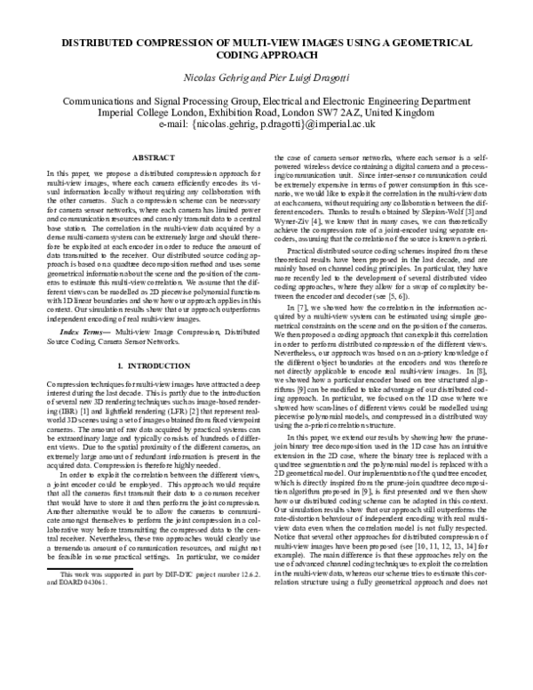 Pdf Distributed Compression Of Multi View Images Using A Geometrical Coding Approach Nicolas
