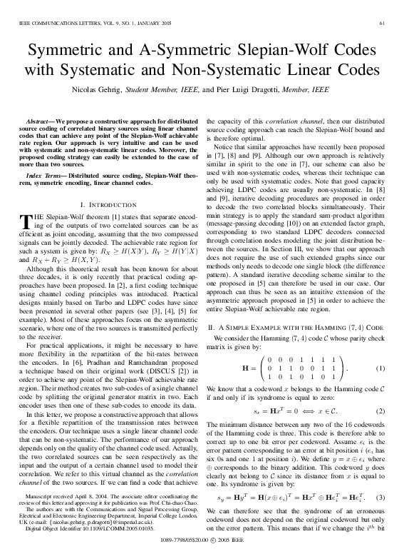 (PDF) Symmetric and a-symmetric slepian-wolf codes with systematic and non-systematic linear codes