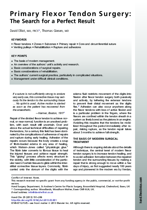 (PDF) Primary Flexor Tendon Surgery
