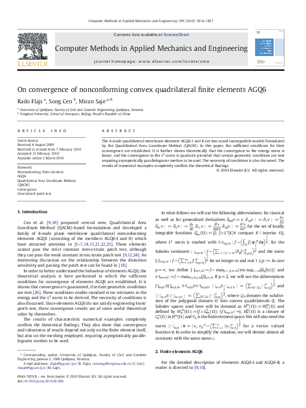(PDF) On convergence of nonconforming convex quadrilateral finite elements AGQ6 | Rado Flajs ...