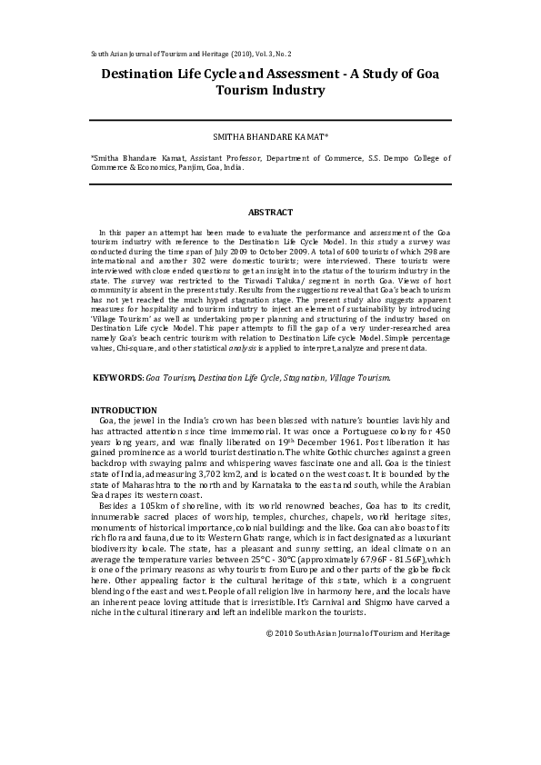 (PDF) Destination Life Cycle and Assessment -A Study of Goa Tourism ...