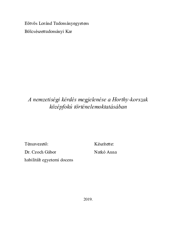 (PDF) A nemzetiségi kérdés megjelenése a Horthy-korszak középfokú ...