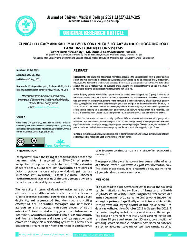 Pdf Clinical Efficacy And Safety Between Continuous Rotary And Reciprocating Root Canal