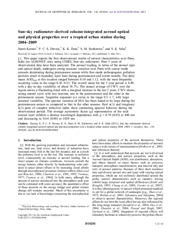 (PDF) Sun-sky radiometer–derived column-integrated aerosol optical and ...