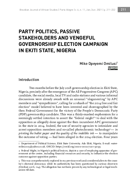 (PDF) Party Politics, Passive Stakeholders and Vengeful Governorship ...