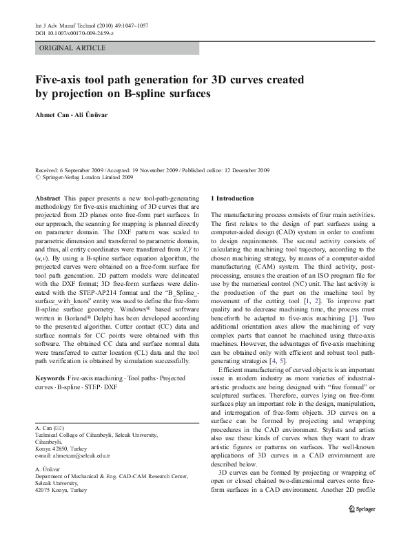 Pdf Five Axis Tool Path Generation For 3d Curves Created By Projection On B Spline Surfaces