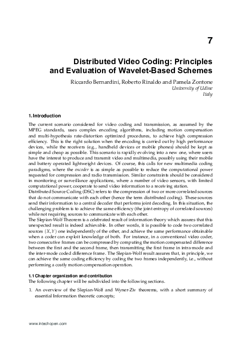 (PDF) Distributed Video Coding: Principles and Evaluation of Wavelet-Based Schemes