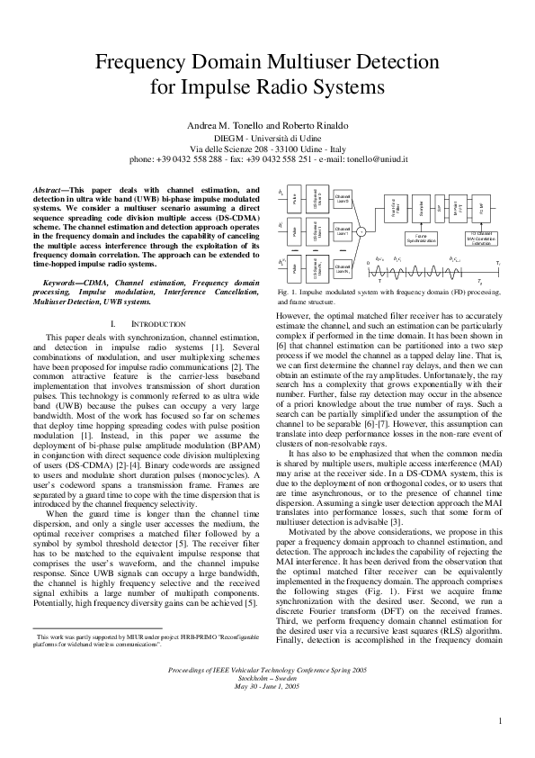 (PDF) Frequency Domain Multiuser Detection for Impulse Radio Systems