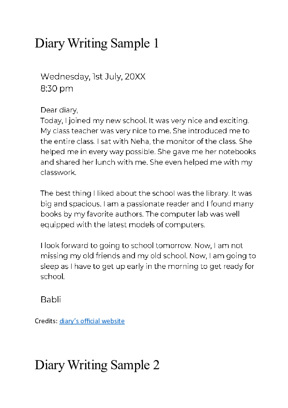 (DOC) Diary Writing Sample 1