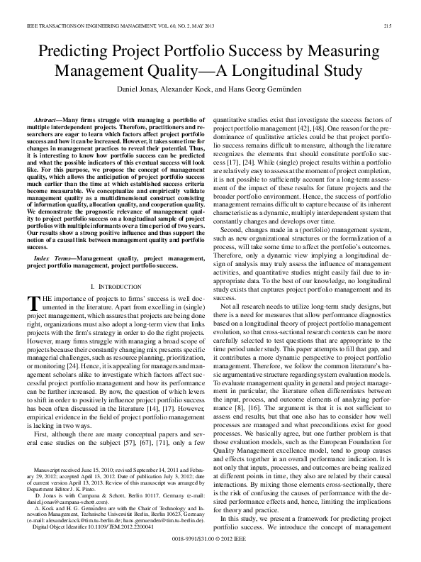 (PDF) Predicting Project Portfolio Success by Measuring Management ...